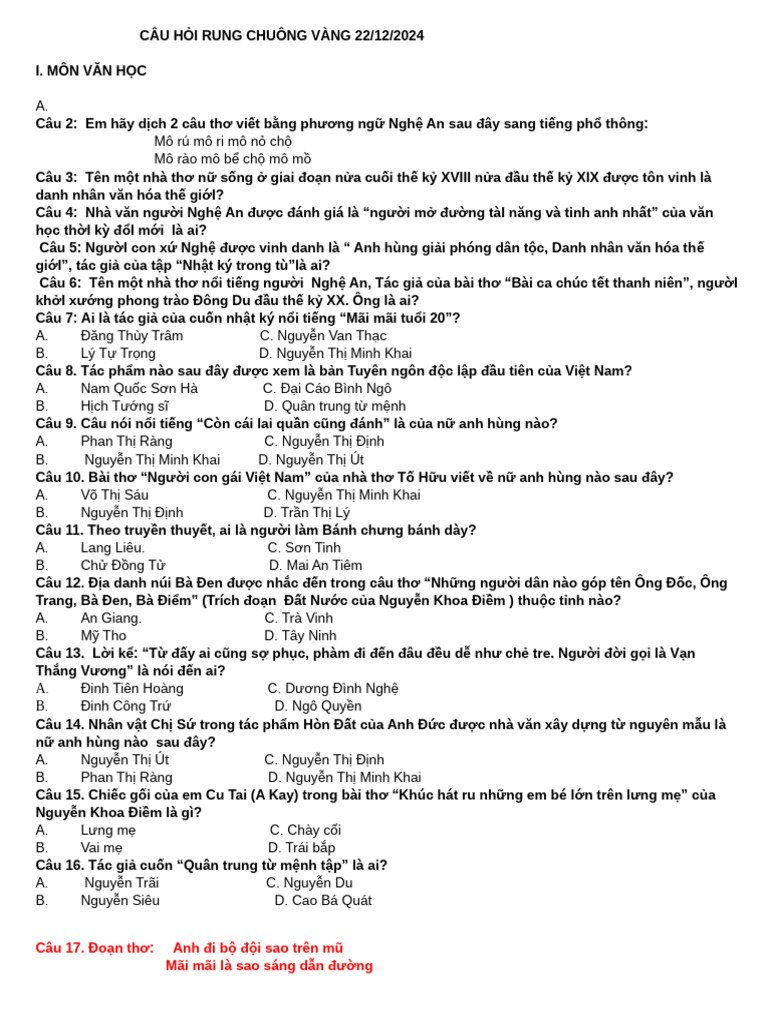 CÂU HỎI RCV 2024-2025 DÀNH CHO bAN TỔ CHỨC | PDF