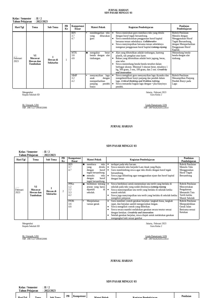 Jurnal Harian Kelas 2 Tema 6 | PDF