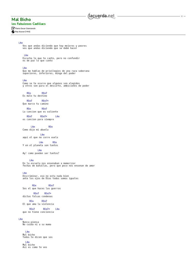 MAL BICHO, Los Fabulosos Cadillacs - Acordes | PDF