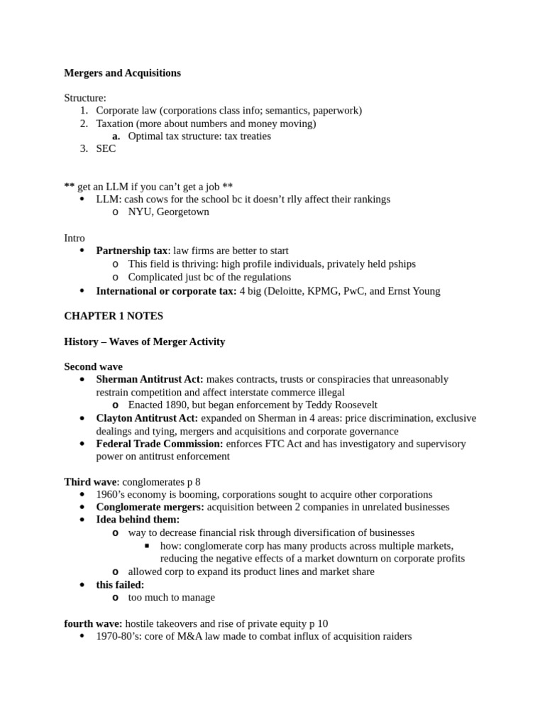 Mergers and Acquisition Notes | PDF | Mergers And Acquisitions ...
