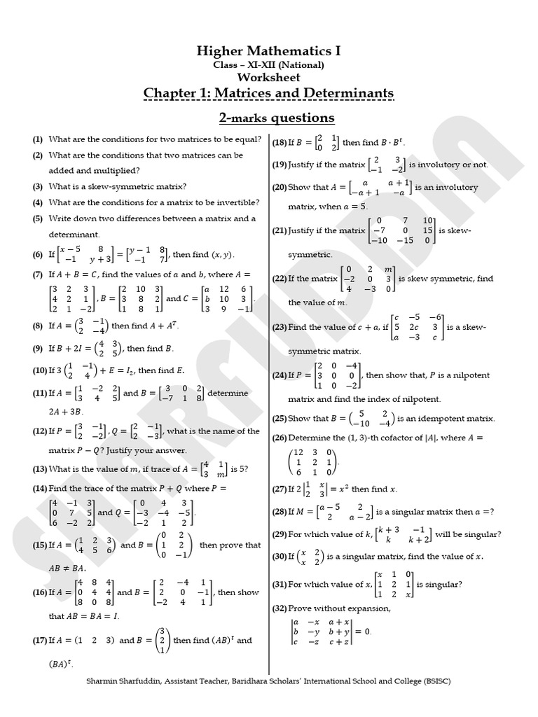 Worksheet - Matrices & Determinants | PDF | Algebra | Functions And Mappings