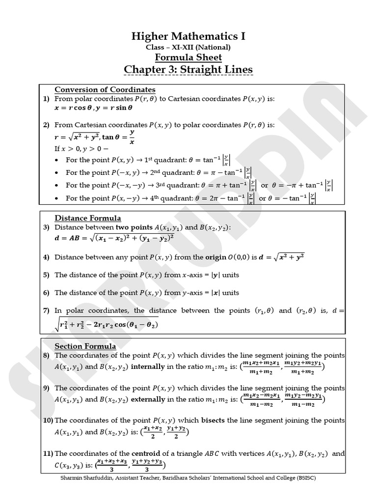 Formula Sheet - Straight Lines | PDF | Area | Cartesian Coordinate System