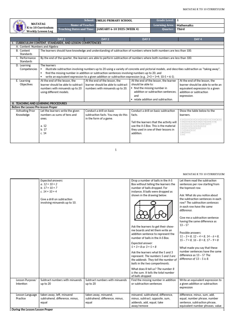 DLL Matatag - Mathematics 1 q3 - w4 | PDF | Subtraction | Arithmetic