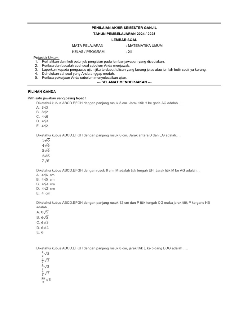 Soal Pas Ganjil Mat Wajib KLS 12 2024 | PDF