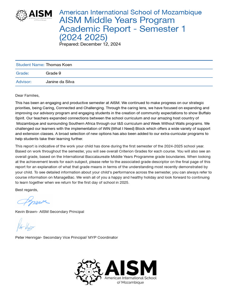 AISM Middle Years Program Academic Report - Semester 1 2024 2025 Grade ...