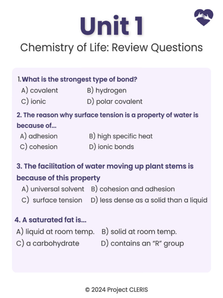 AP Biology Unit 1 Practice Questions_ Chemistry of Life | PDF