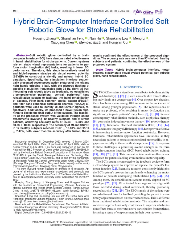 Hybrid Brain-Computer Interface Controlled Soft Robotic Glove for Stroke Rehabilitation (1 ...