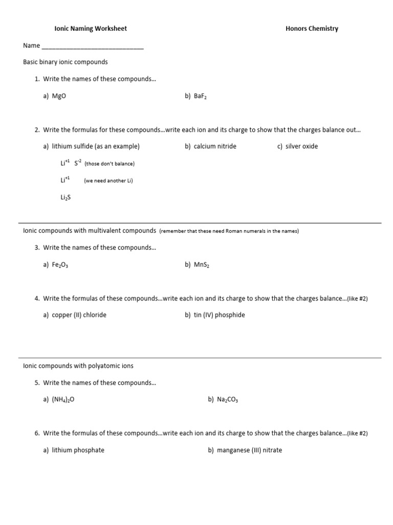 ionic-naming-worksheet | PDF | Chemical Compounds | Ion