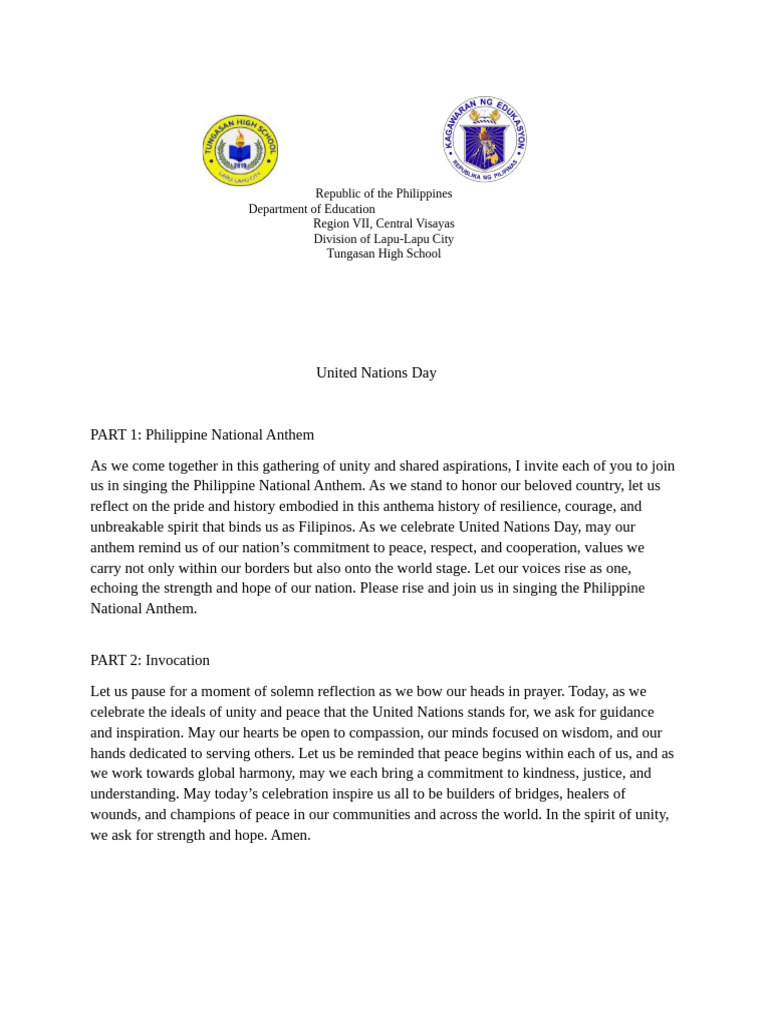 UNITED NATIONS' DAY PROGRAM SPEECH 2024-2025 FINAL | PDF | Peace