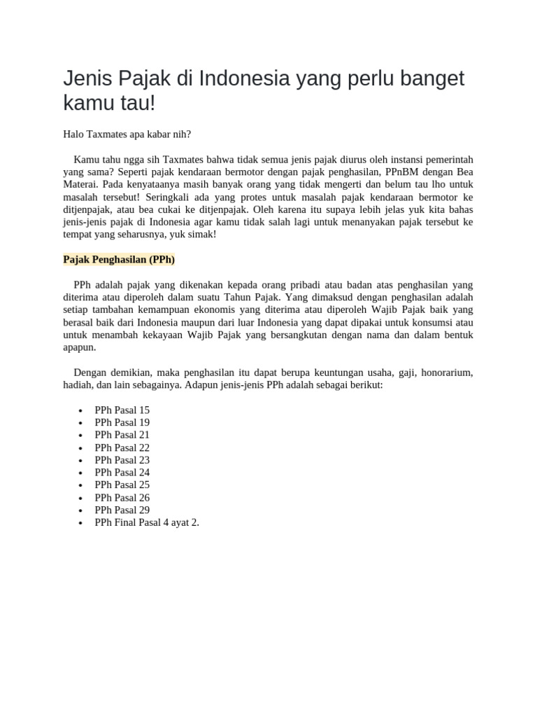 Jenis Pajak Di Indonesia Yang Perlu Banget Kamu Tau | PDF