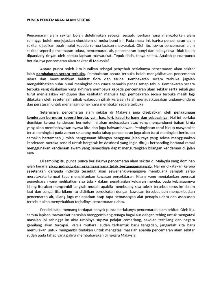 Punca Pencemaran Alam Sekitar di Malaysia | PDF
