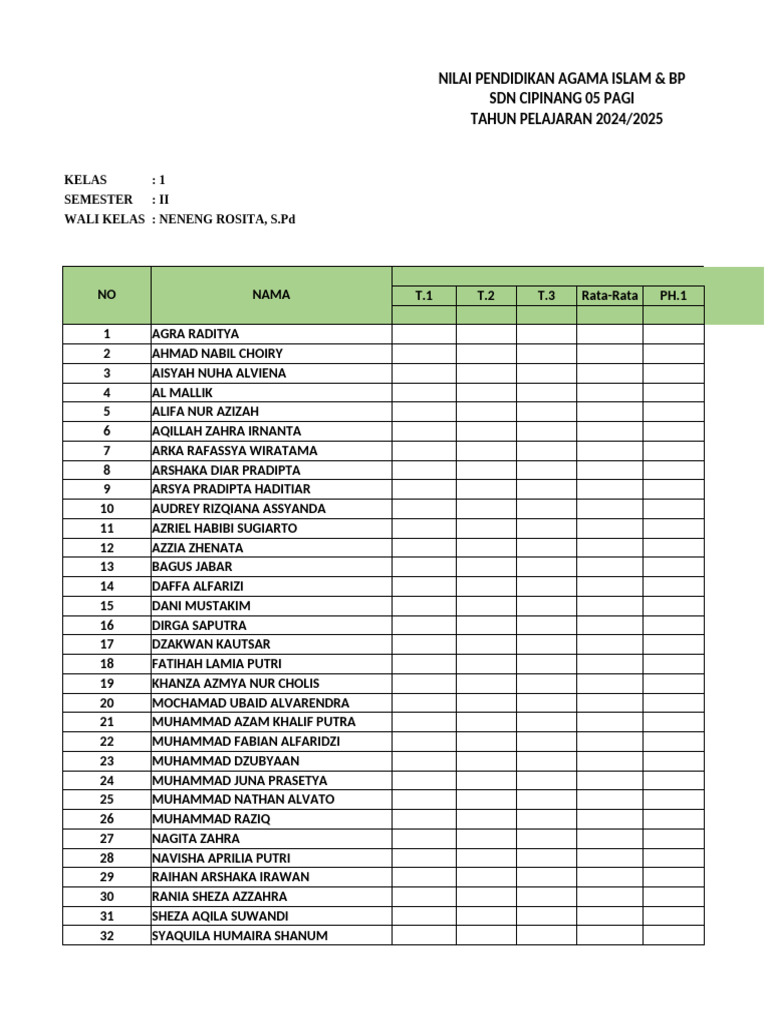 File Format Buku Nilai Pai & BP 2025 Semester 2 | PDF