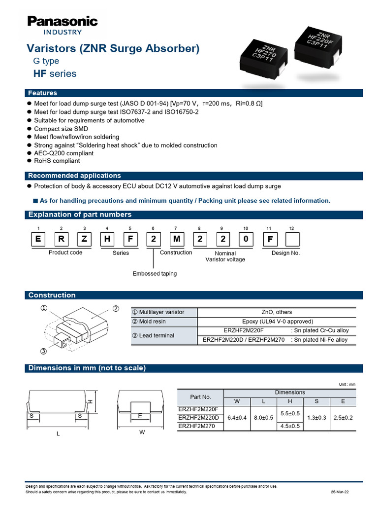VA1 Varistor (Surge Absorber) ZNR FK220 22V or ERZC050K220 | PDF | Fuse (Electrical) | Soldering