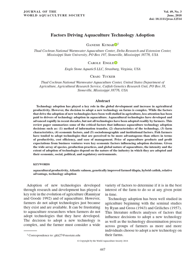 Kumar et al. - 2018 - Factors Driving Aquaculture Technology Adoption | PDF | Aquaculture ...