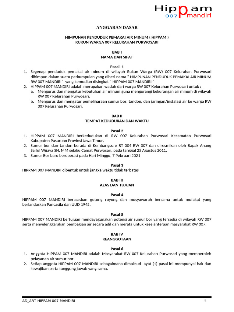 Anggaran Dasar HIPPAM 007 Mandiri | PDF