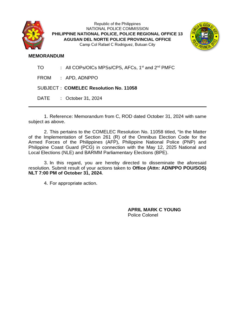 COMELEC Resolution No. 11058 Memo | PDF