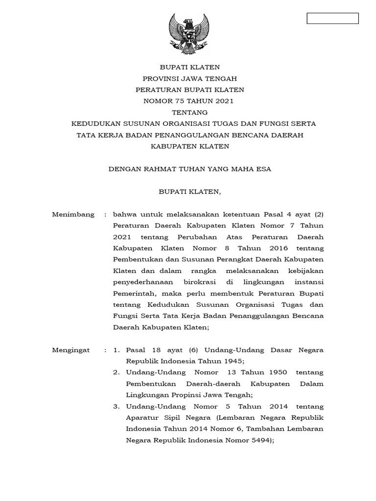 Peraturan Bupati Klaten tentang BPBD | PDF