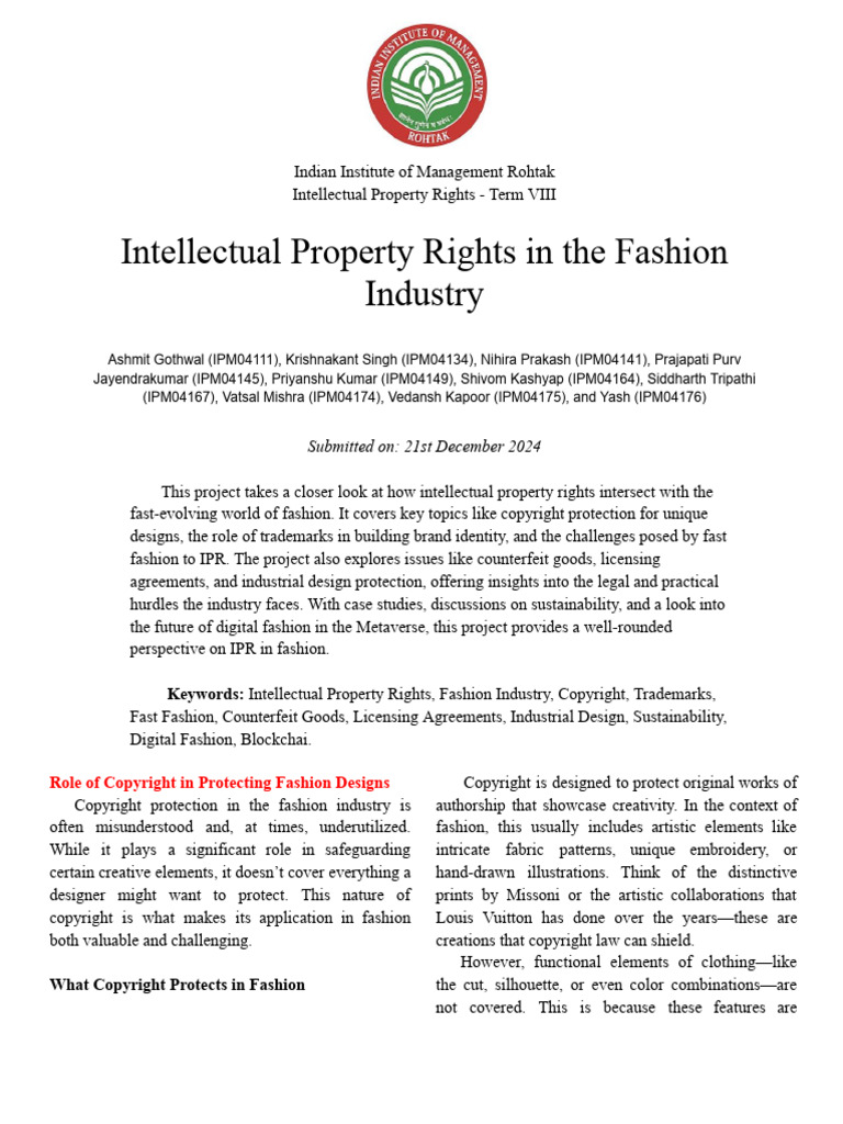 Group 1 - Section B - IPR in Fashion Industry | PDF | Intellectual ...
