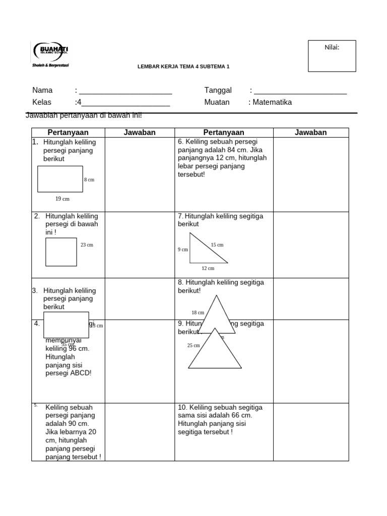 LEMBAR KERJA TEMA 4 SUBTEMA 1 (MTK) | PDF