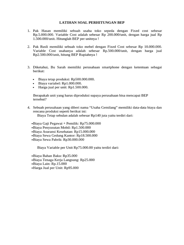 LATIHAN SOAL PERHITUNGAN BEP (PKWU Kelas XI) | PDF