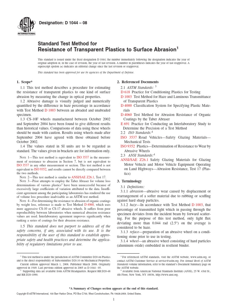 ASTM D1044-08 | PDF | Wear | Abrasive