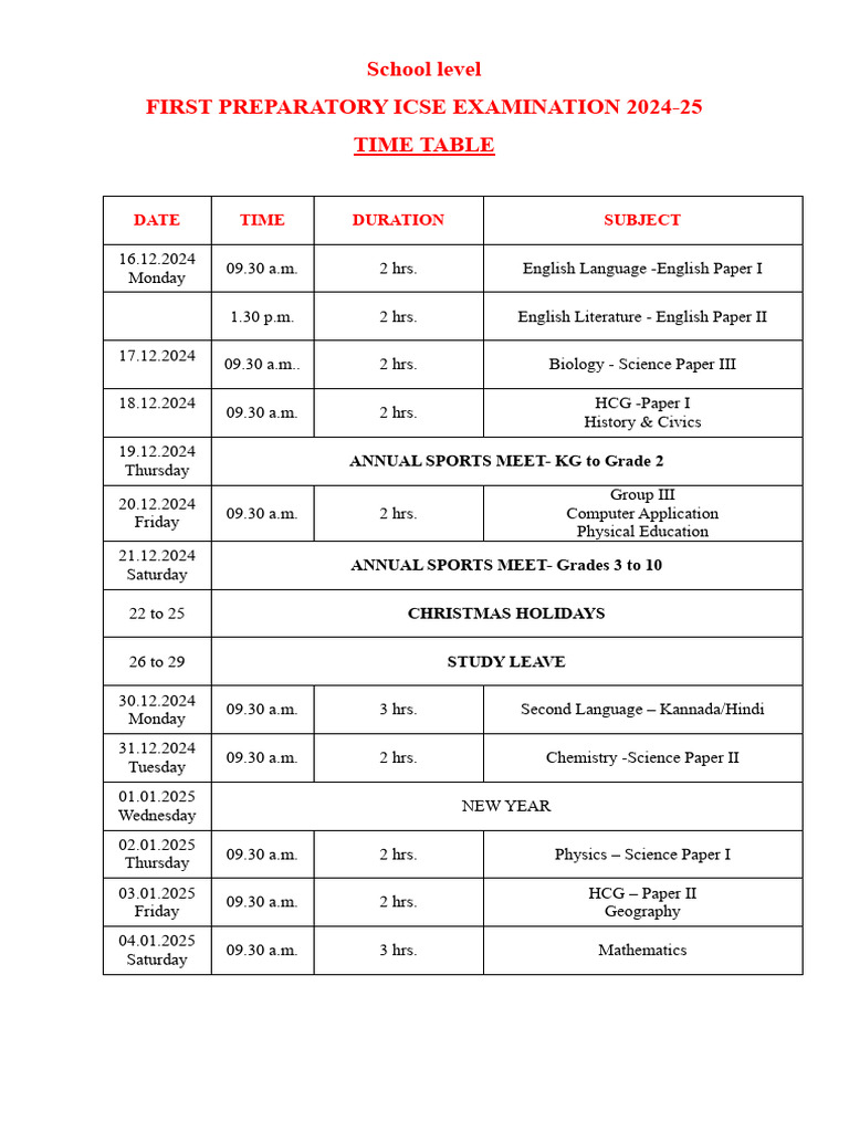 First Preparatory Time Table | PDF