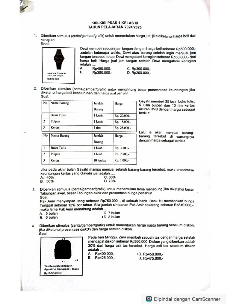 Soal Pas Kelas 9 Matematika Tahun 2024 | PDF