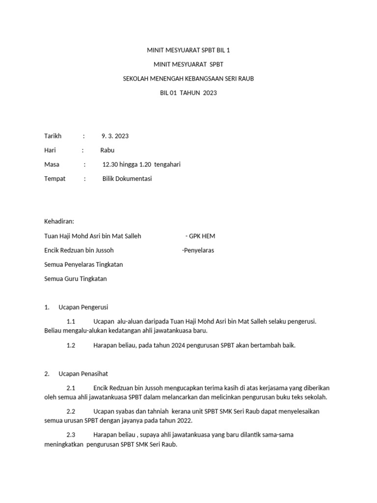 Minit Mesyuarat SPBT Bil 1 | PDF