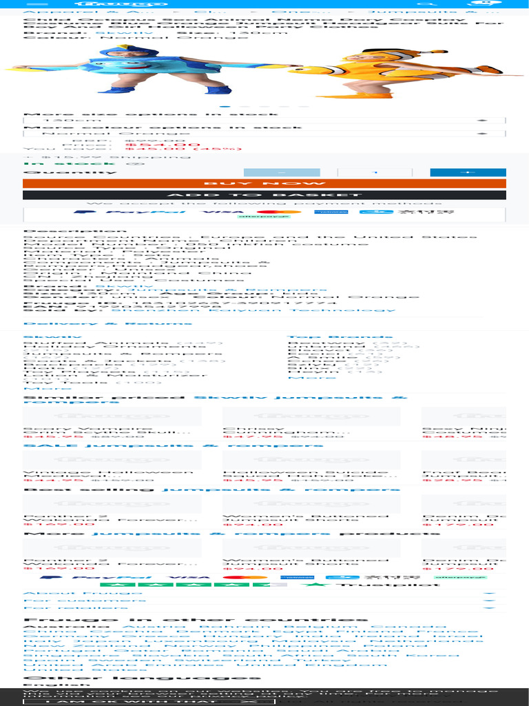 Child Octopus Sea Animal Nemo Dory Cosplay Costume Blue Orange Jumpsuit ...