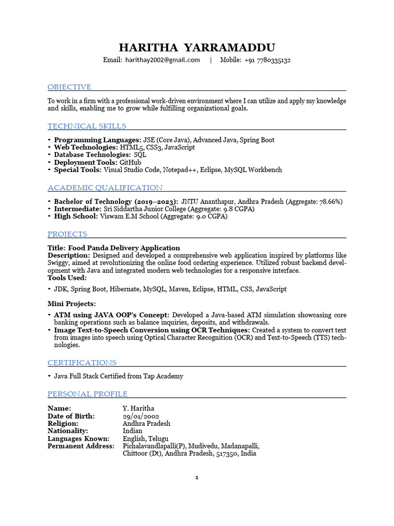 Yarramaddu Haritha Javaresume | PDF