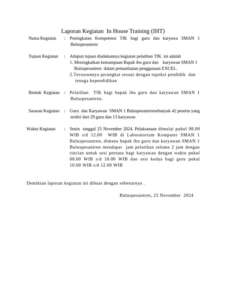 Laporan Kegiatan in House Training | PDF