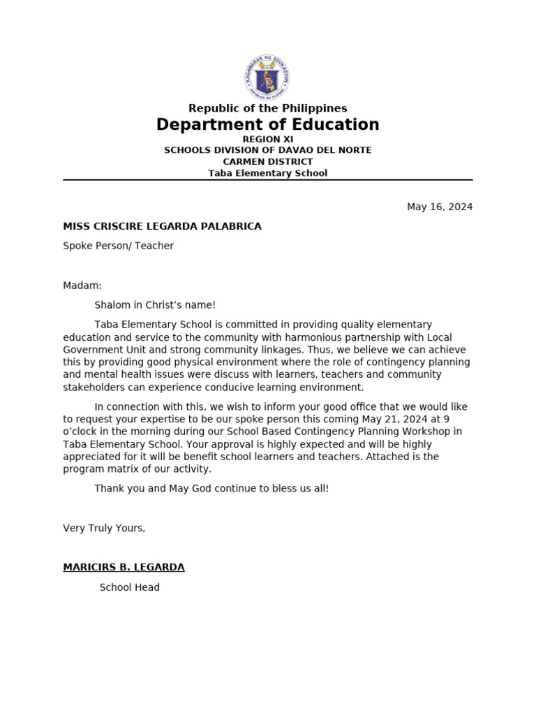REQUEST LETTER TO GUEST SPEAKER CONTINGENCY PLANNING | PDF | Learning ...