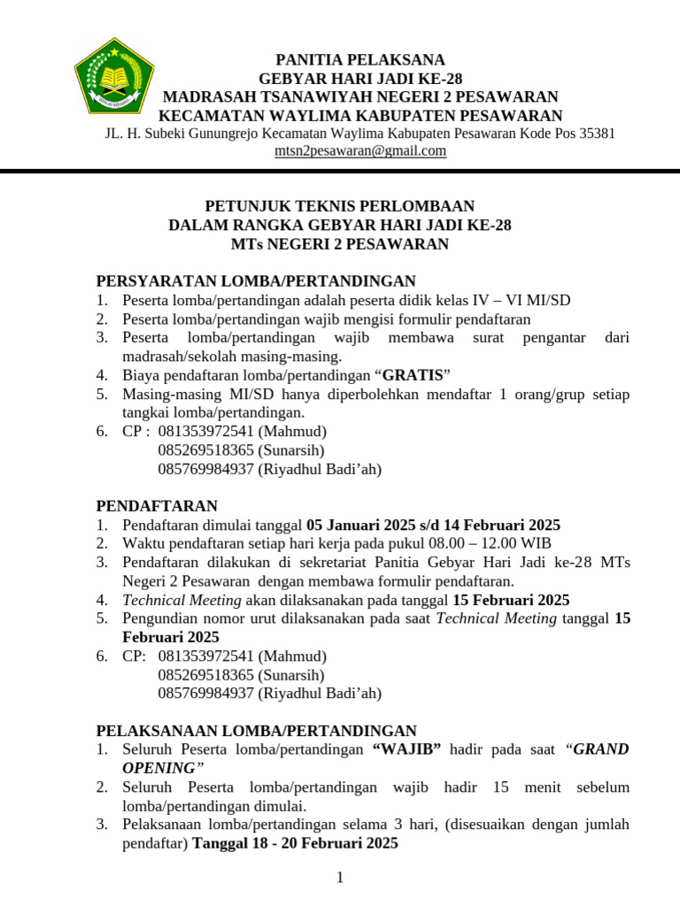 PETUNJUK TEKNIS PERLOMBAAN Harlah Ke-28 (Draft).Docx Landscape (Booklet) | PDF