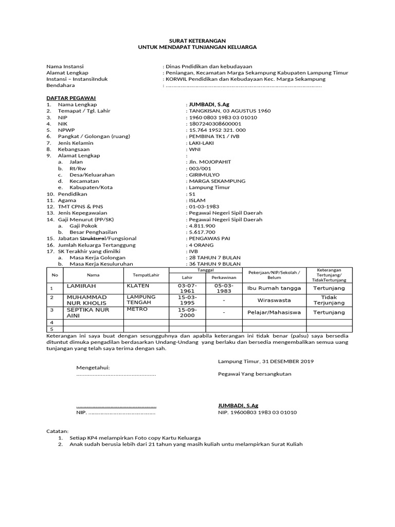 FORM K4 Tunjangan Keluarga | PDF