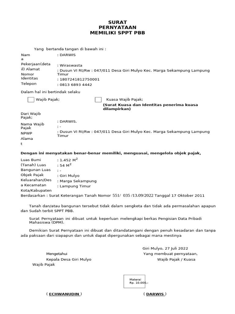 Form Belum Pernah Terbit SPPT PBB | PDF