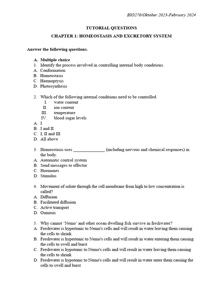 Homeostasis and Excretory System Quiz | PDF