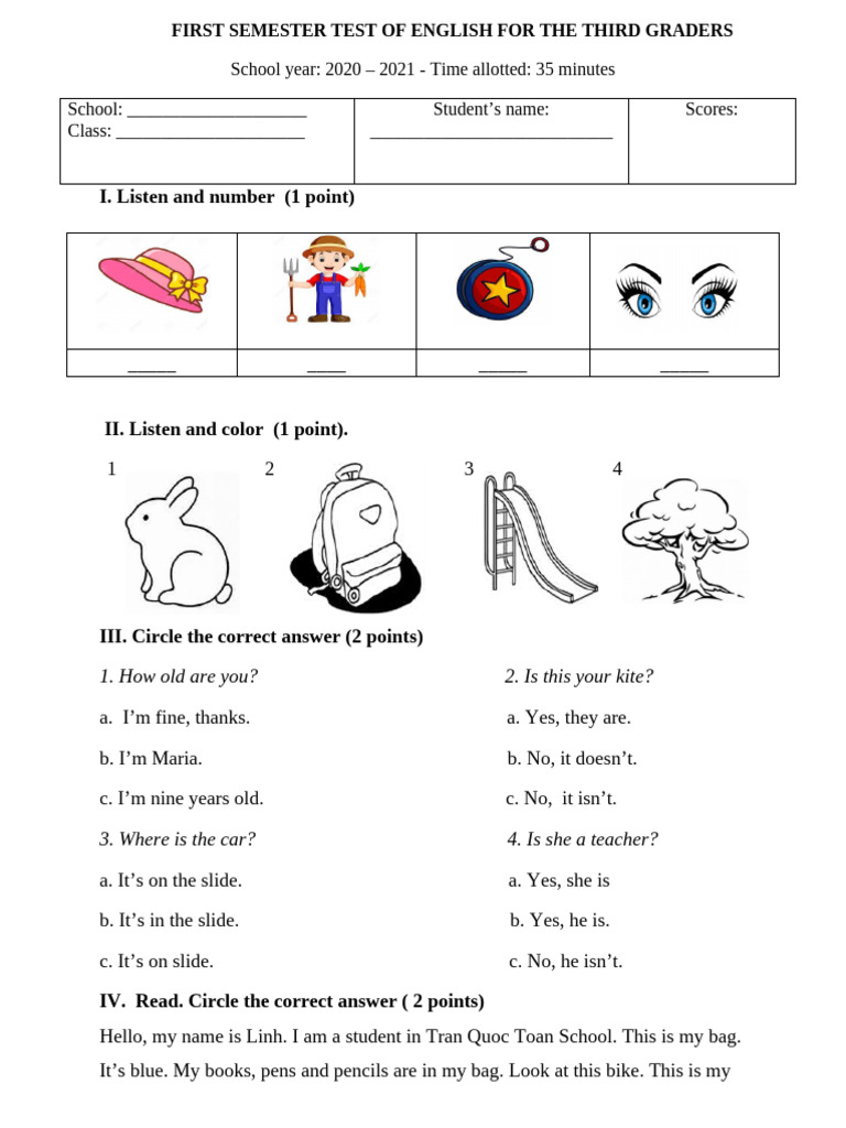 English Test for Third Graders | PDF | Bears | Writing Implements