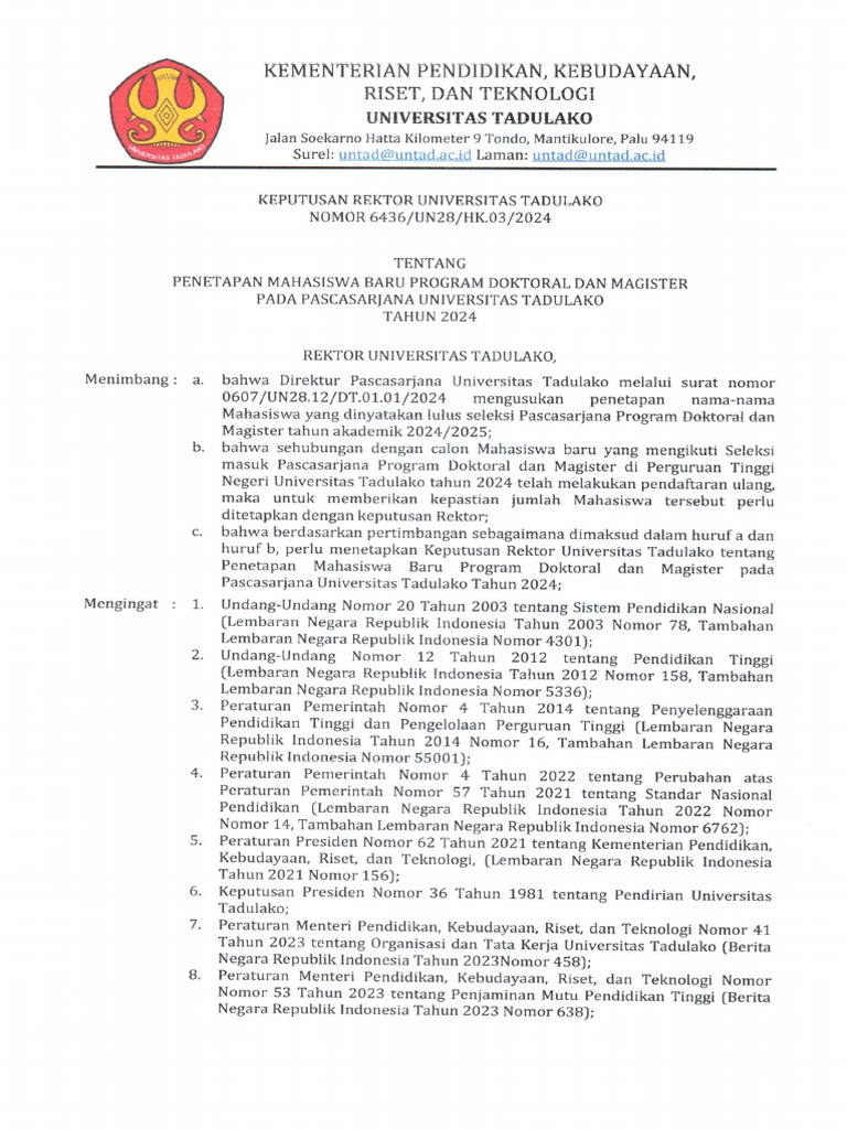 SK Rektor6436 - Penetapan Mahasiswa Baru Program Doktoral Dan Magister Pada Pascasarjana Untad ...