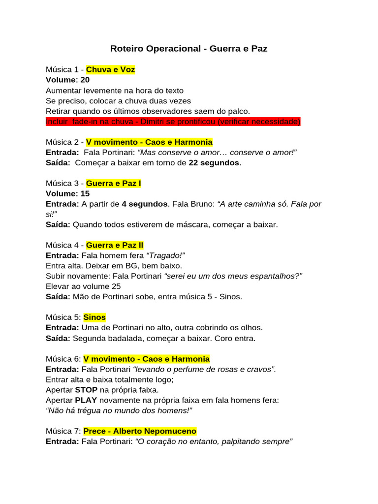 Roteiro Operacional - Guerra e Paz - Som.2 | PDF | Amor