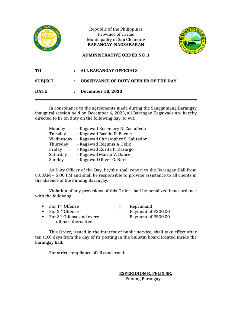 Duty Officer Schedule for Barangay Nagsabaran | PDF