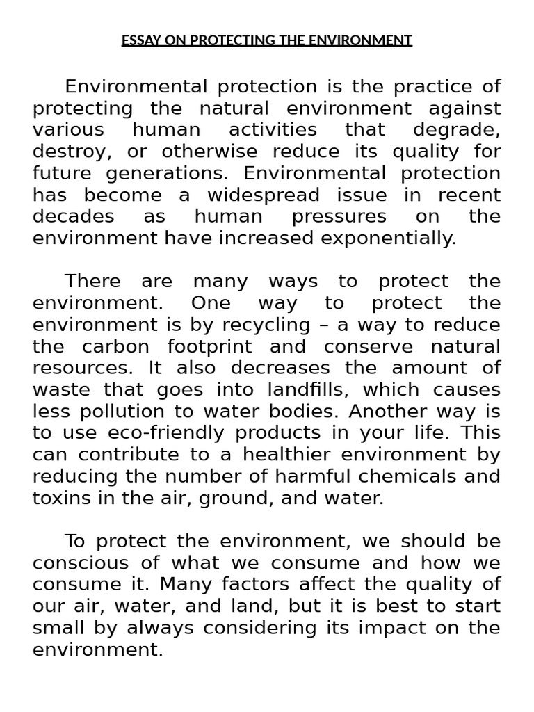 Protecting the Environment Essay | PDF | Environmental Protection ...