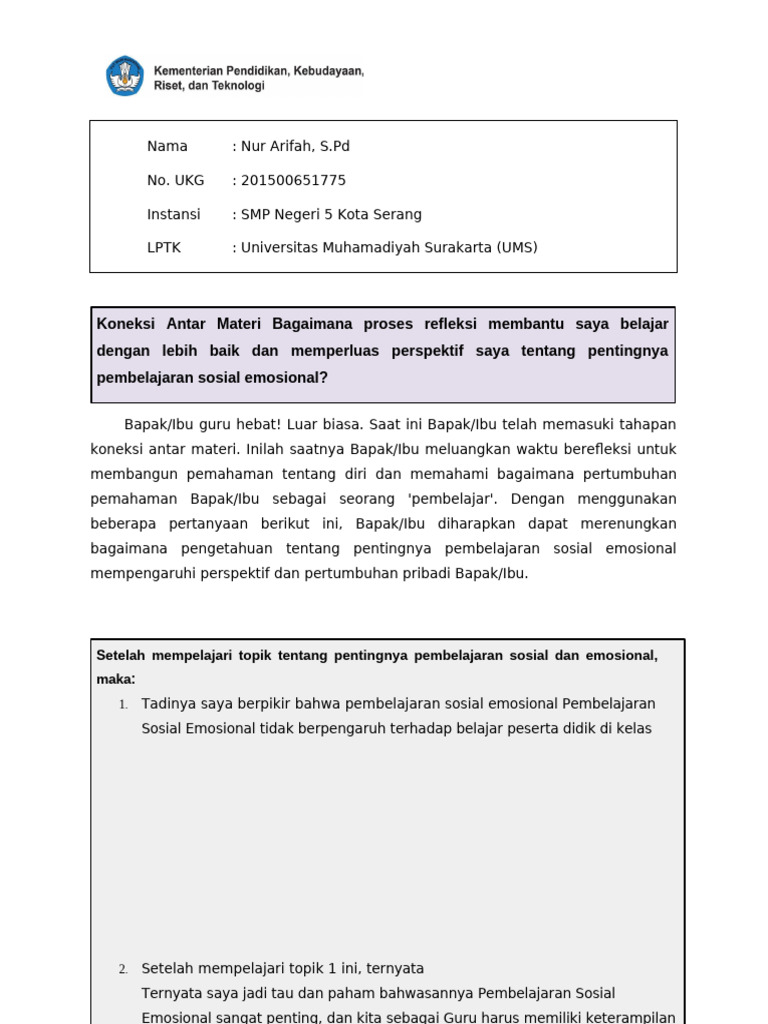 PSE MODUL 1-Topik 1 - Koneksi Antar Materi - Docx (NUR ARIFAH, S.PD) | PDF