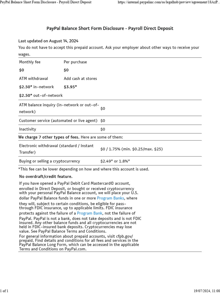 PayPal Payroll Direct Deposit Disclosure | PDF | Pay Pal | Banks