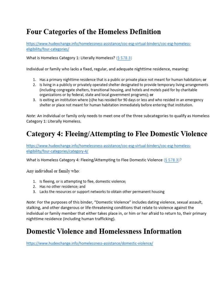 4 Homeless Categories Defined and Domestic Violence Resources | PDF