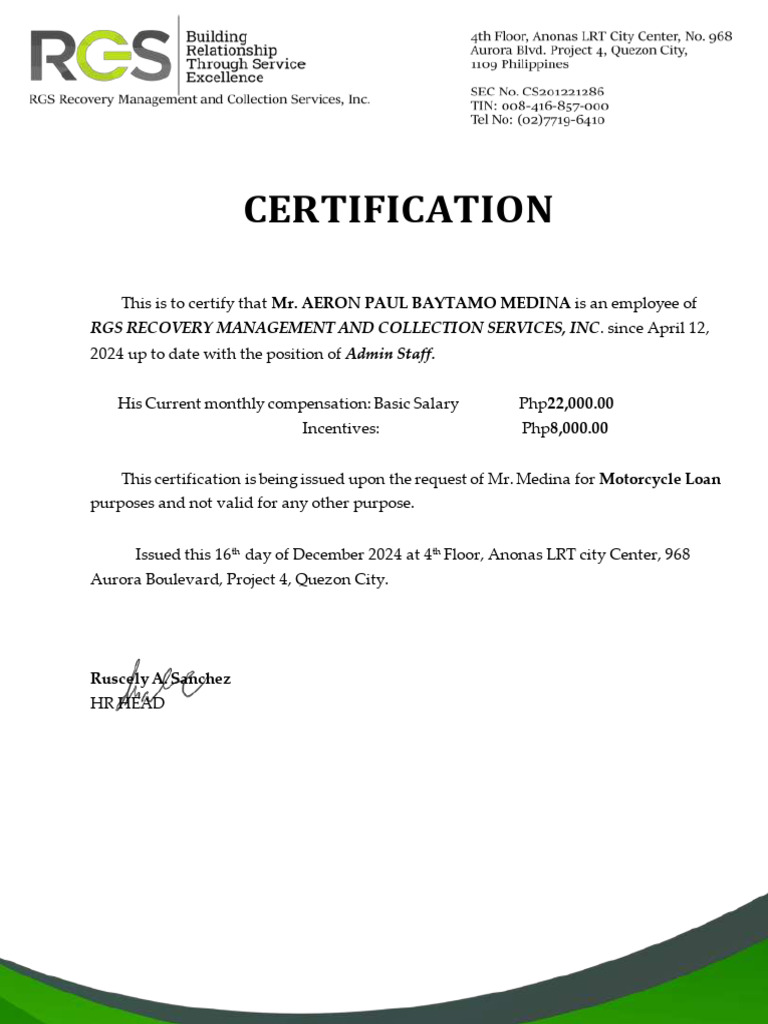 Employee Certification for Loan Purpose | PDF