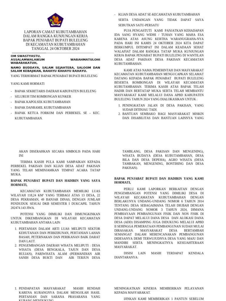 Laporan Camat Kunker Kubutambahan 2024 | PDF