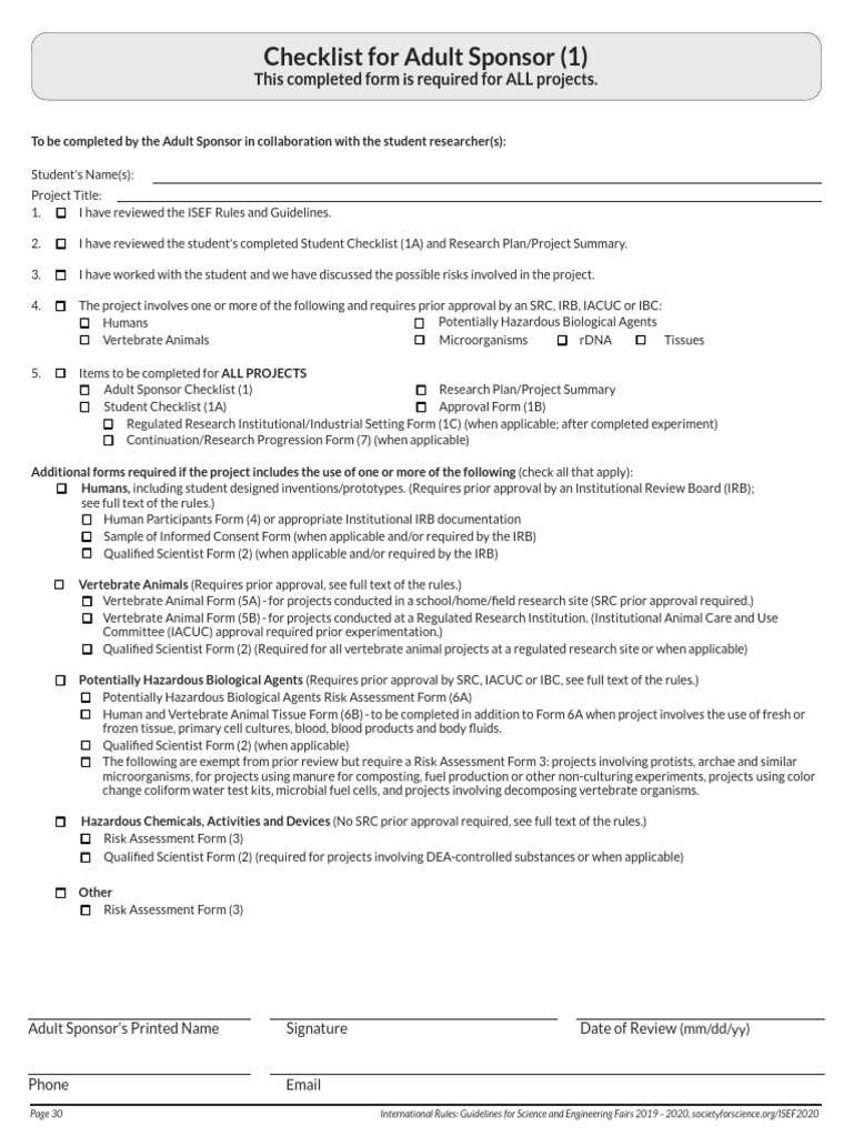 ISEF 2020 Adult Sponsor Checklist | PDF | Institutional Review Board | Informed Consent