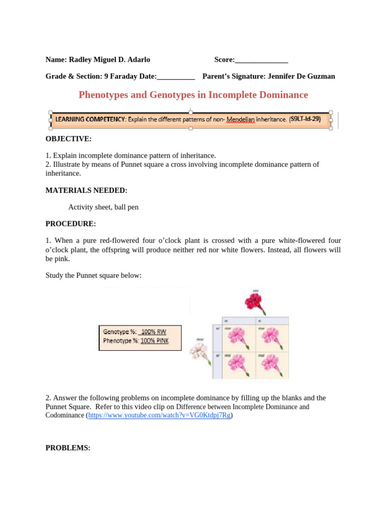 Radley Miguel Adarlo - week 4 activities - Copy | PDF | Dominance (Genetics) | Genotype