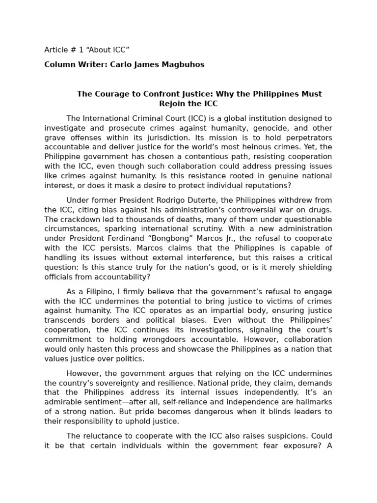 Opinion Article 1. The Courage To Confront Justice Why The Philippines Must Rejoin The ICC | PDF ...