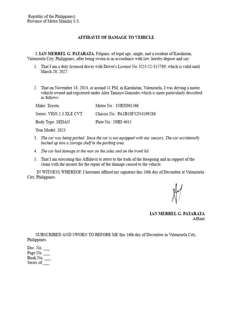 Affidavit For Car Insurance Claim | PDF | Affidavit | Car Body Styles